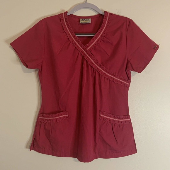Reina | Tops | Reina Pink Ruffle Mock Neck Scrub Top Medical Uniform Xs ...